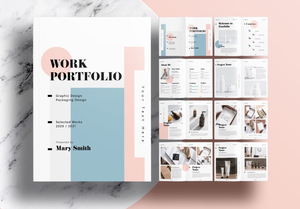 Free InDesign Portfolio Layout Template with Pink and Blue Accents