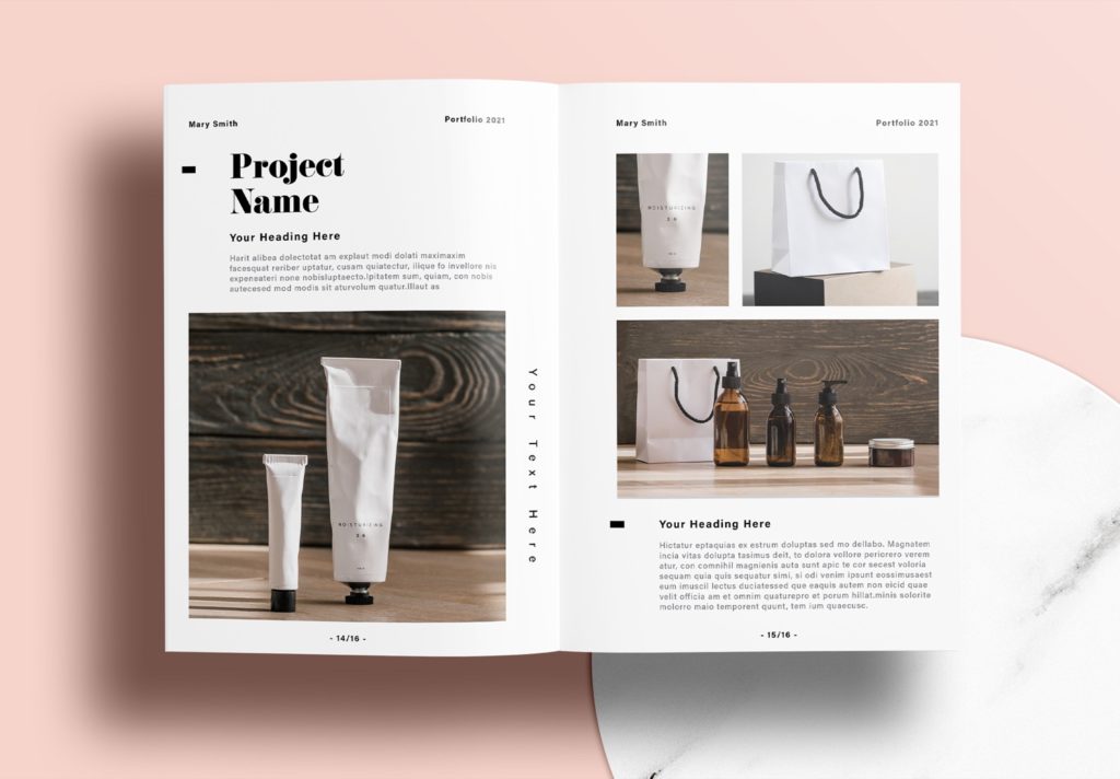 Free InDesign Portfolio Layout Template with Pink and Blue Accents