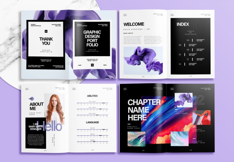 Free InDesign Modern Portfolio Layout Template with Black and Purple ...