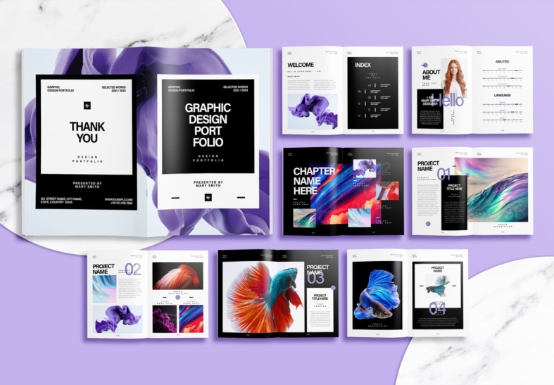 Free InDesign Modern Portfolio Layout Template with Black and Purple ...